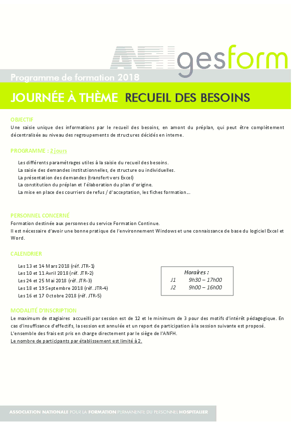 programme et planning de formationrecueil des besoins 2018 | ANFH